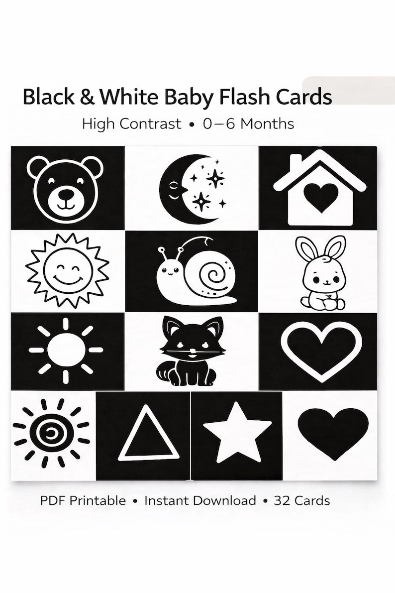 High Contrast Baby Cards Printable | Black & White Newborn Visual ...