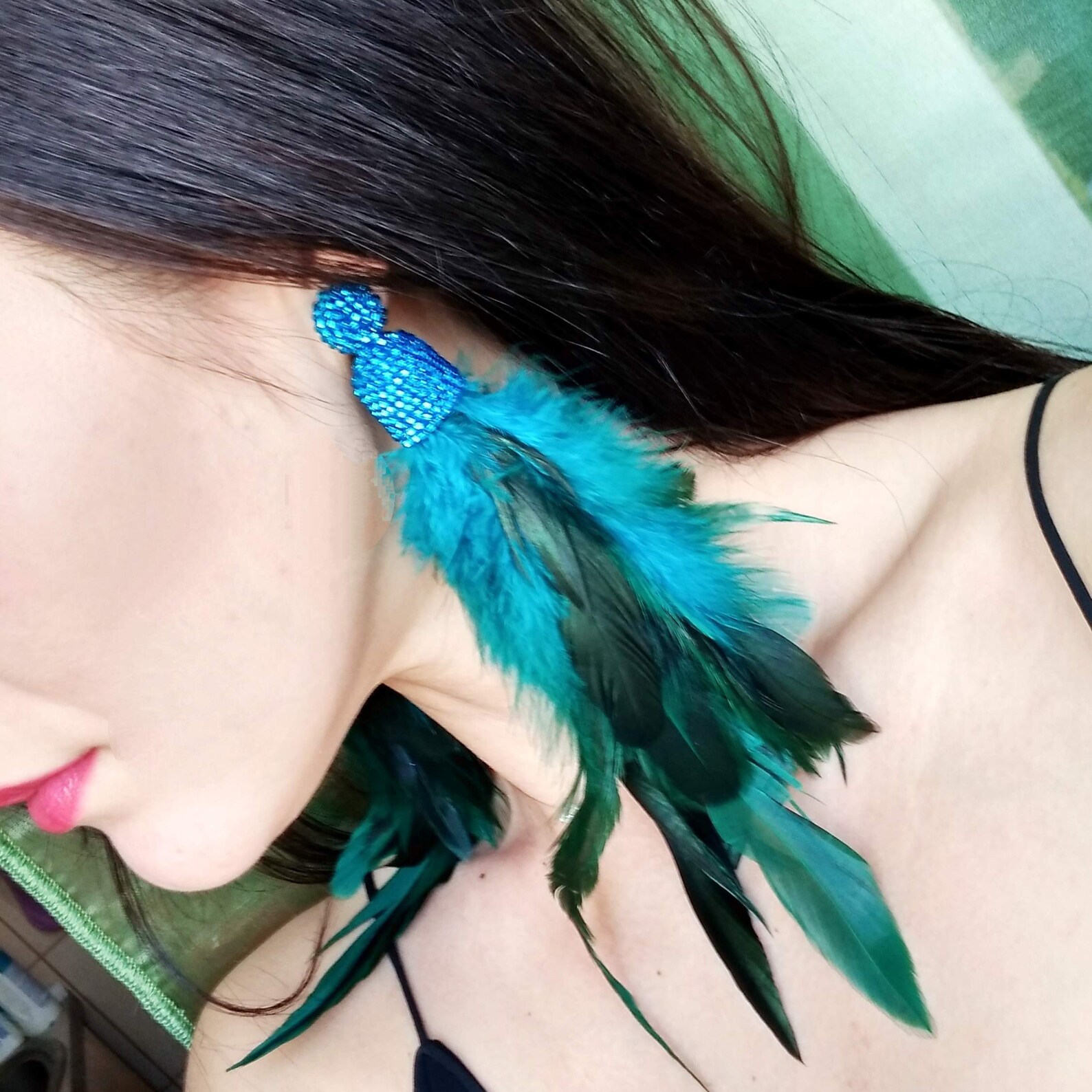Green Turquoise Feather Earrings Tassel Beaded Earrings Summer ...