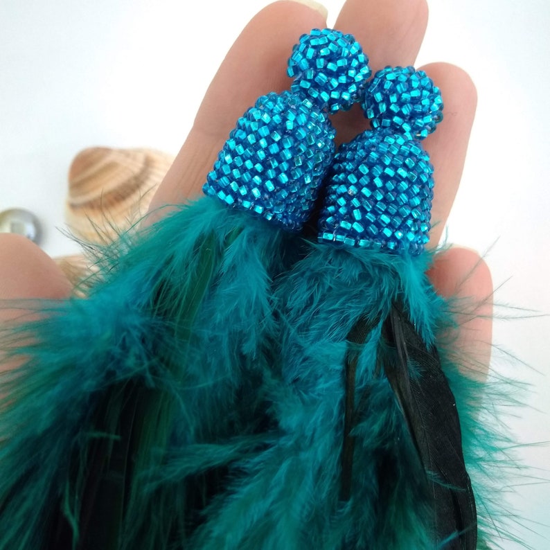 Green Turquoise Feather Earrings Tassel Beaded Earrings Summer ...