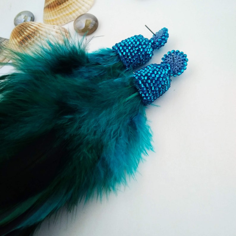 Green Turquoise Feather Earrings Tassel Beaded Earrings Summer ...