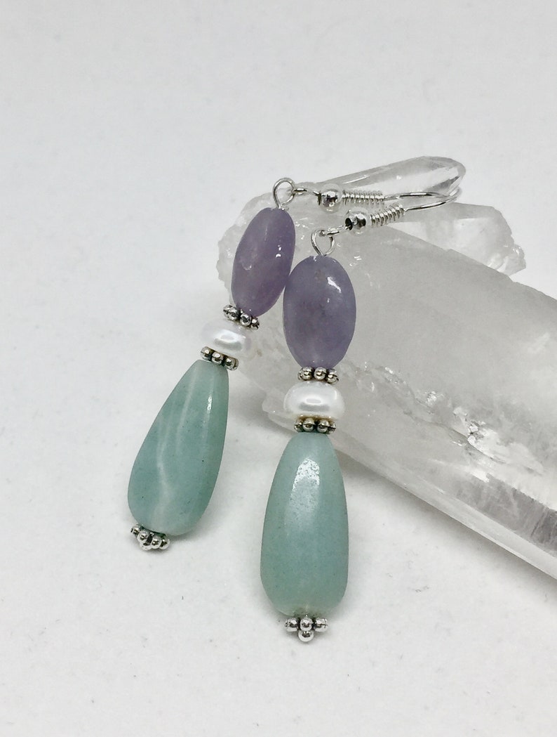 Amazonite & Lepidolite Pearl Earrings Silver Purple and Blue - Etsy