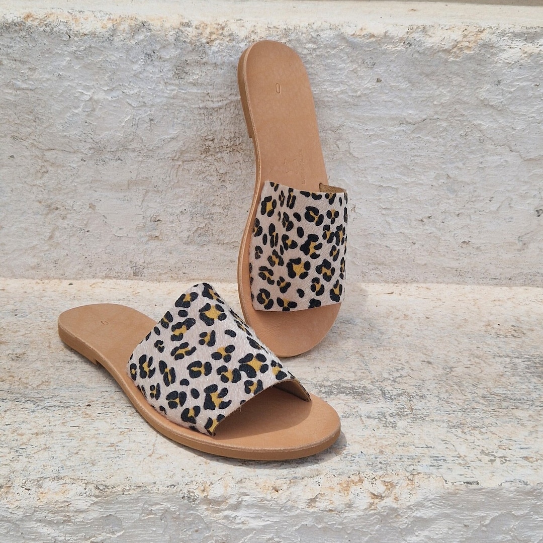 Handmade Leather Slides: Leopard Print Summer Sandals - Etsy
