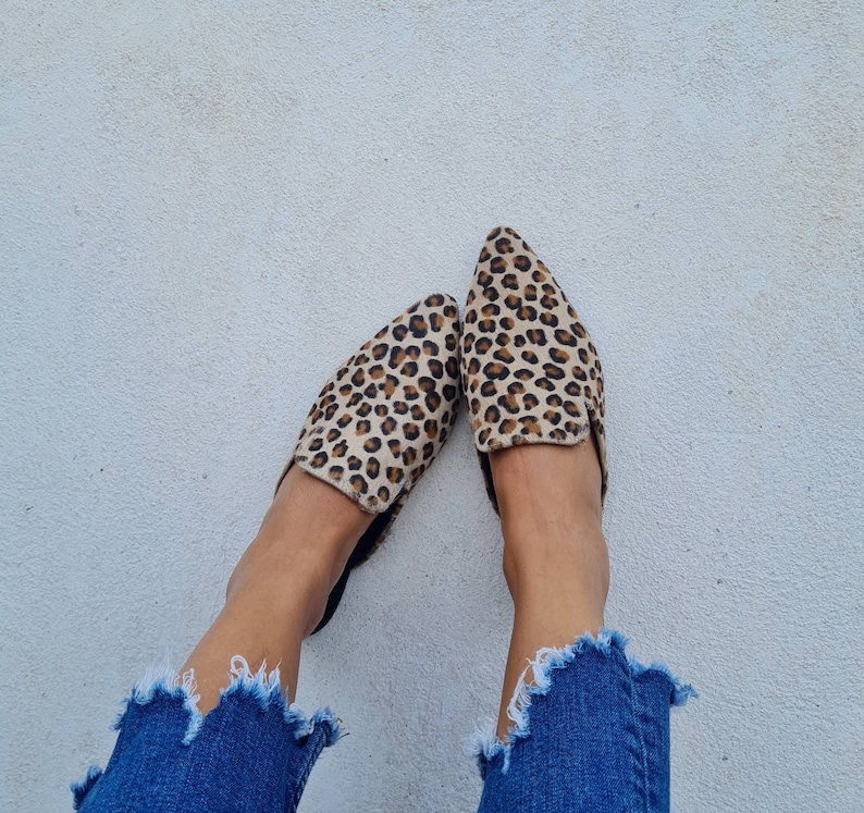 Leather Mules Shoes in Leopard, Women's Mules, Pony Skin Loafers ...