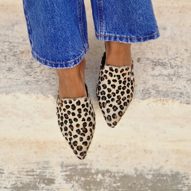 Leather Mules Shoes in Leopard, Women's Mules, Pony Skin Loafers ...