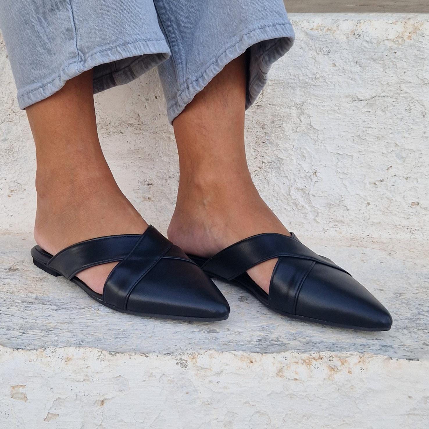 Handmade Leather Mules Shoes, Women's Mules, Black Leather Loafers ...