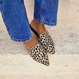 Leather Mules Shoes in Leopard, Women's Mules, Pony Skin Loafers ...
