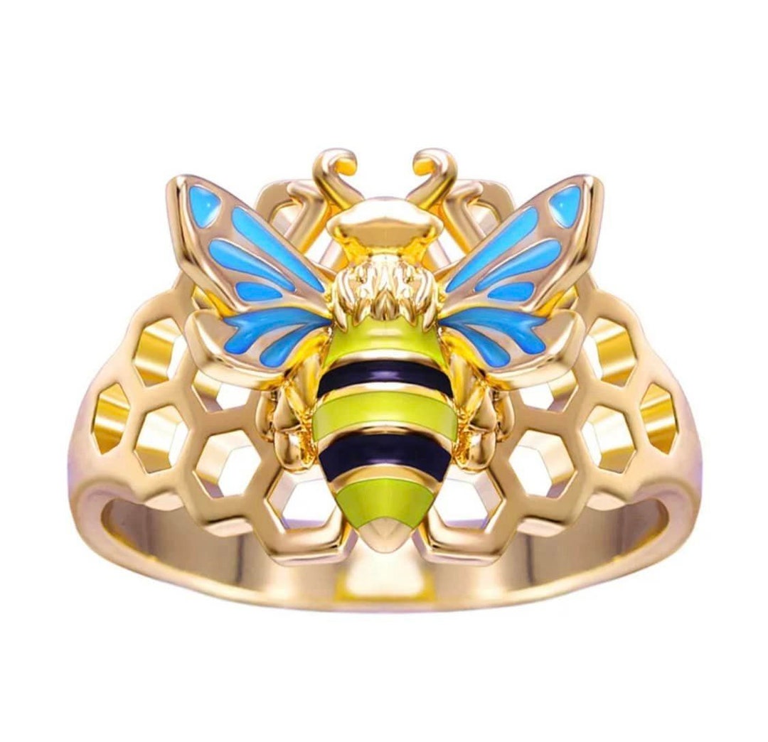 Bee on Honeycomb Enameled Ring - Etsy