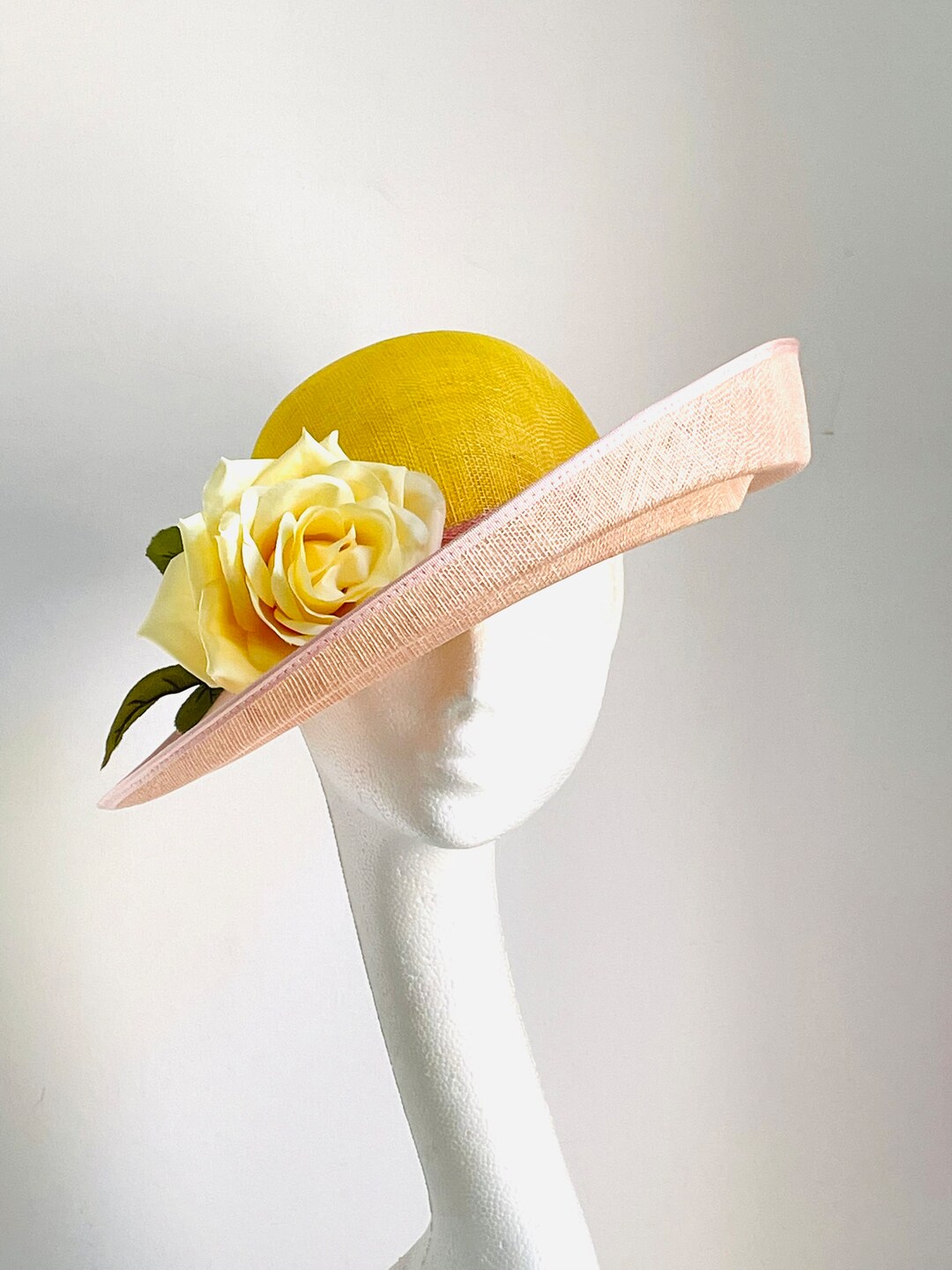 Pink Yellow Hat, Yellow Wedding Hat, Pink Royal Ascot Fascinator Hat ...