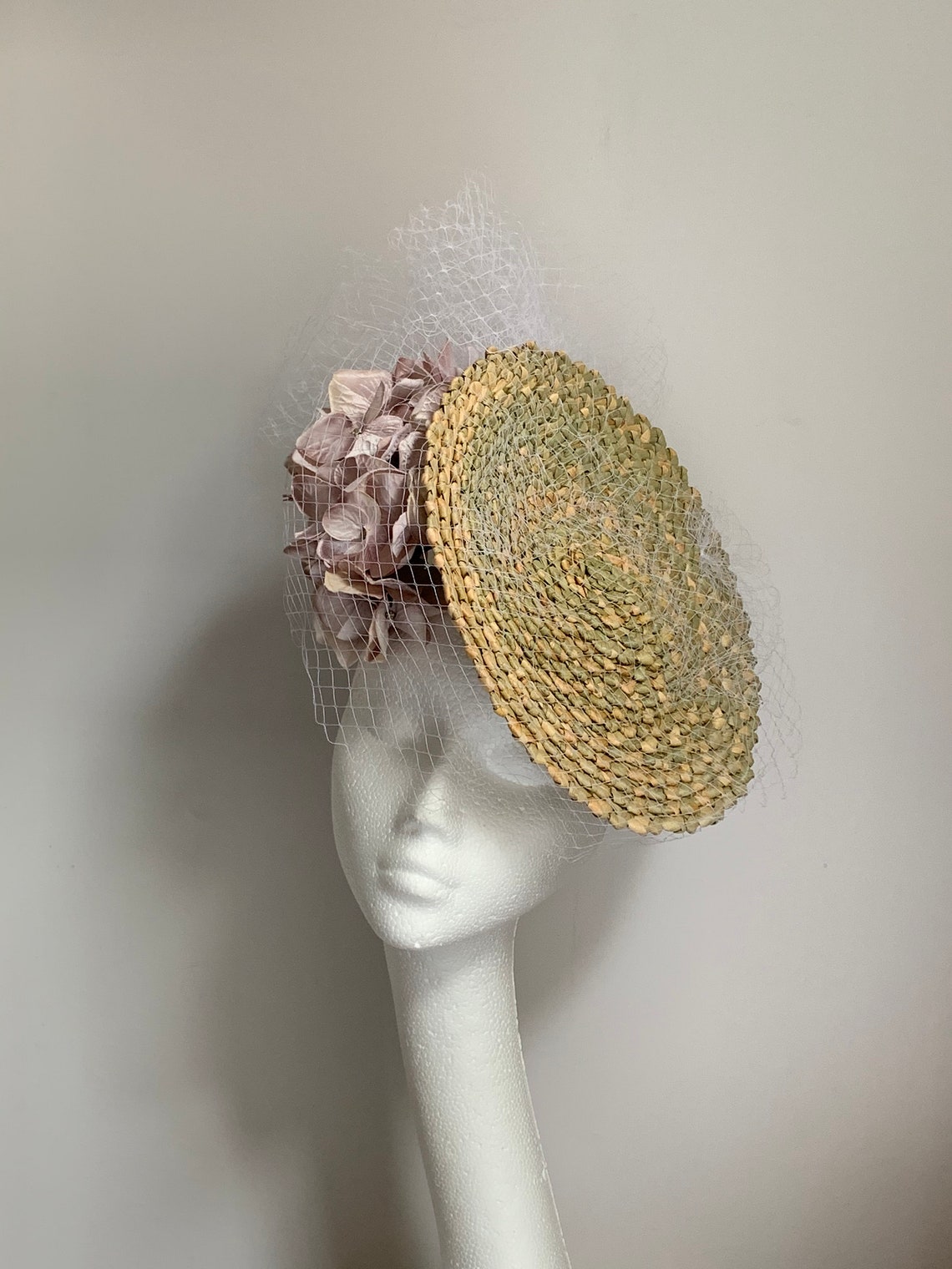 Straw Fascinator Straw Disc Hat Straw Wedding Hat Hydrengea | Etsy