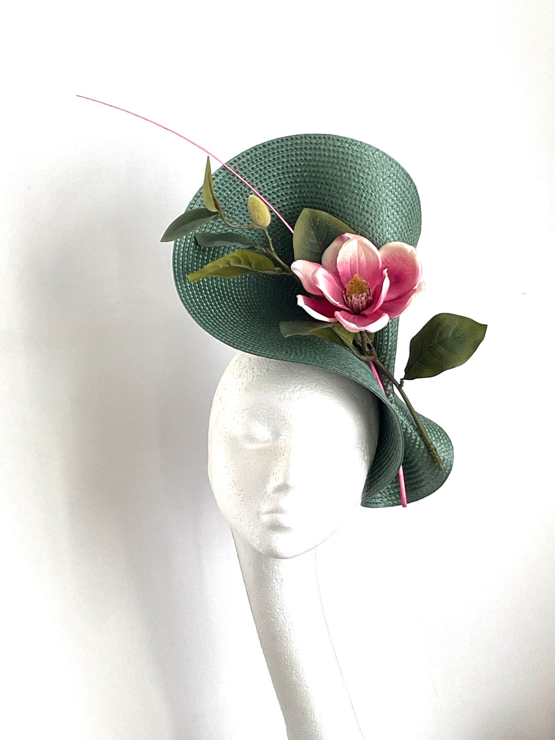 Bottle Green Magnolia Hat, Forest Green Magnolia Fascinator, Green Pink ...