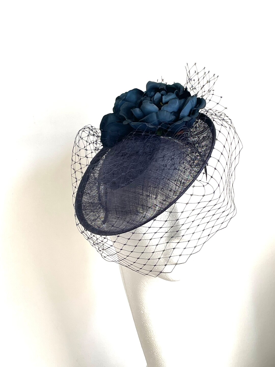 Navy Blue Fascinator, Navy Blue Disc Hat, Navy Wedding Hat, Navy Flower ...