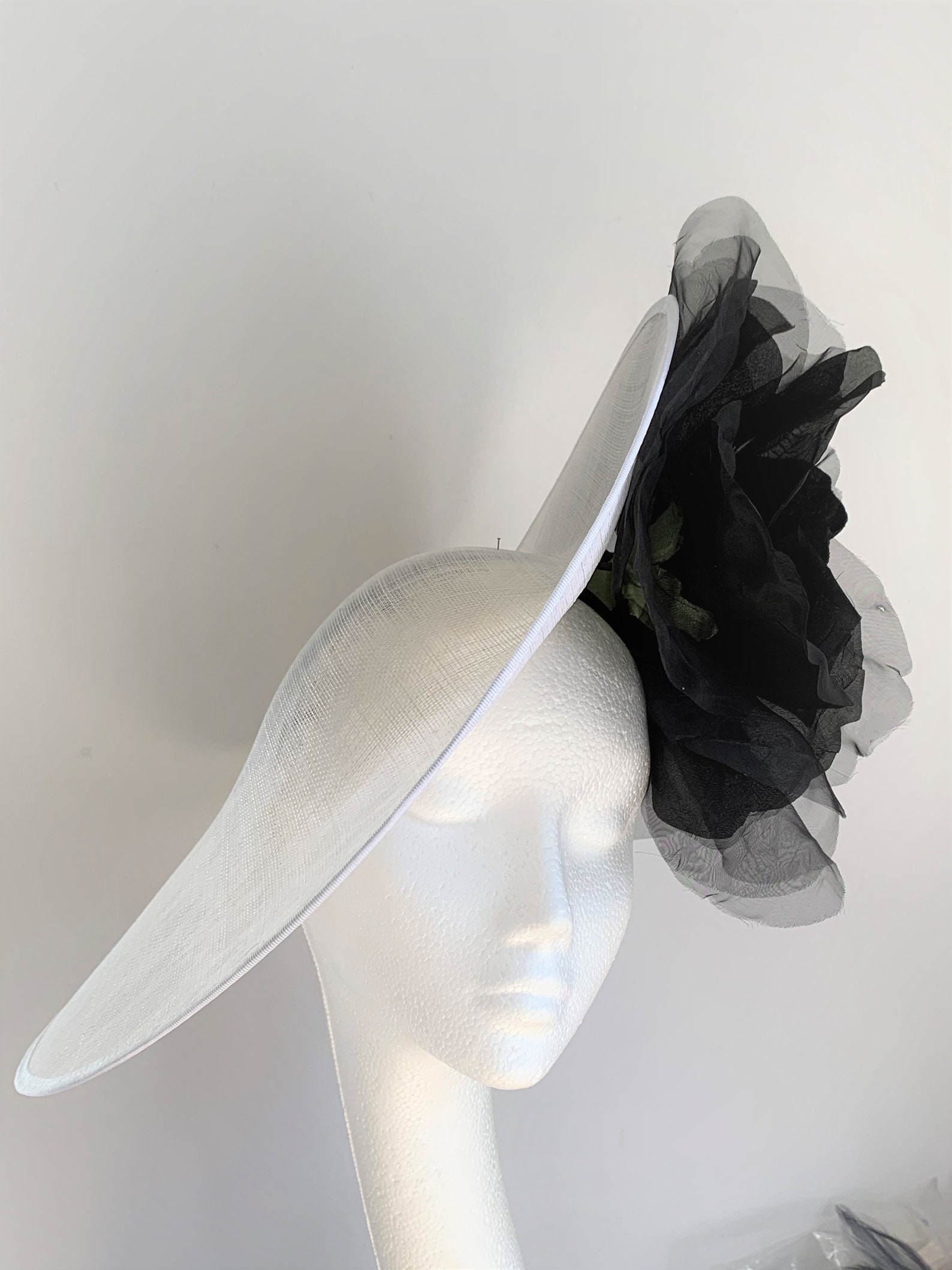 White Royal Ascot Hat, Giant White and Black Disc Hat, Large Black ...