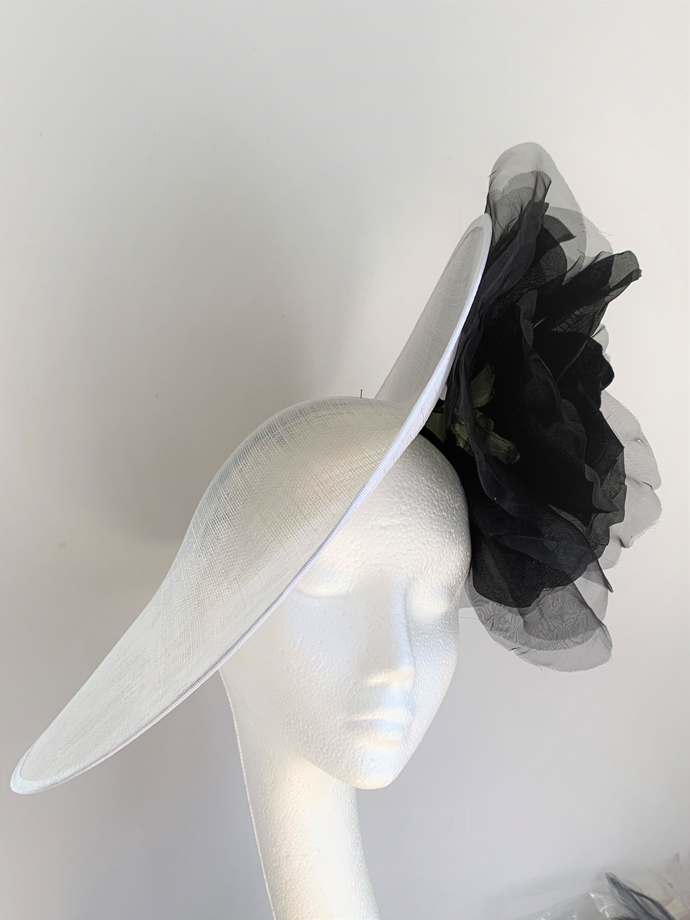 White Royal Ascot Hat Giant White and Black Disc Hat Large | Etsy