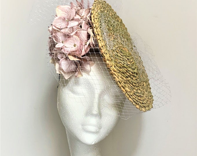 Straw Fascinator, Straw Disc Hat, Straw Wedding Hat, Hydrengea ...