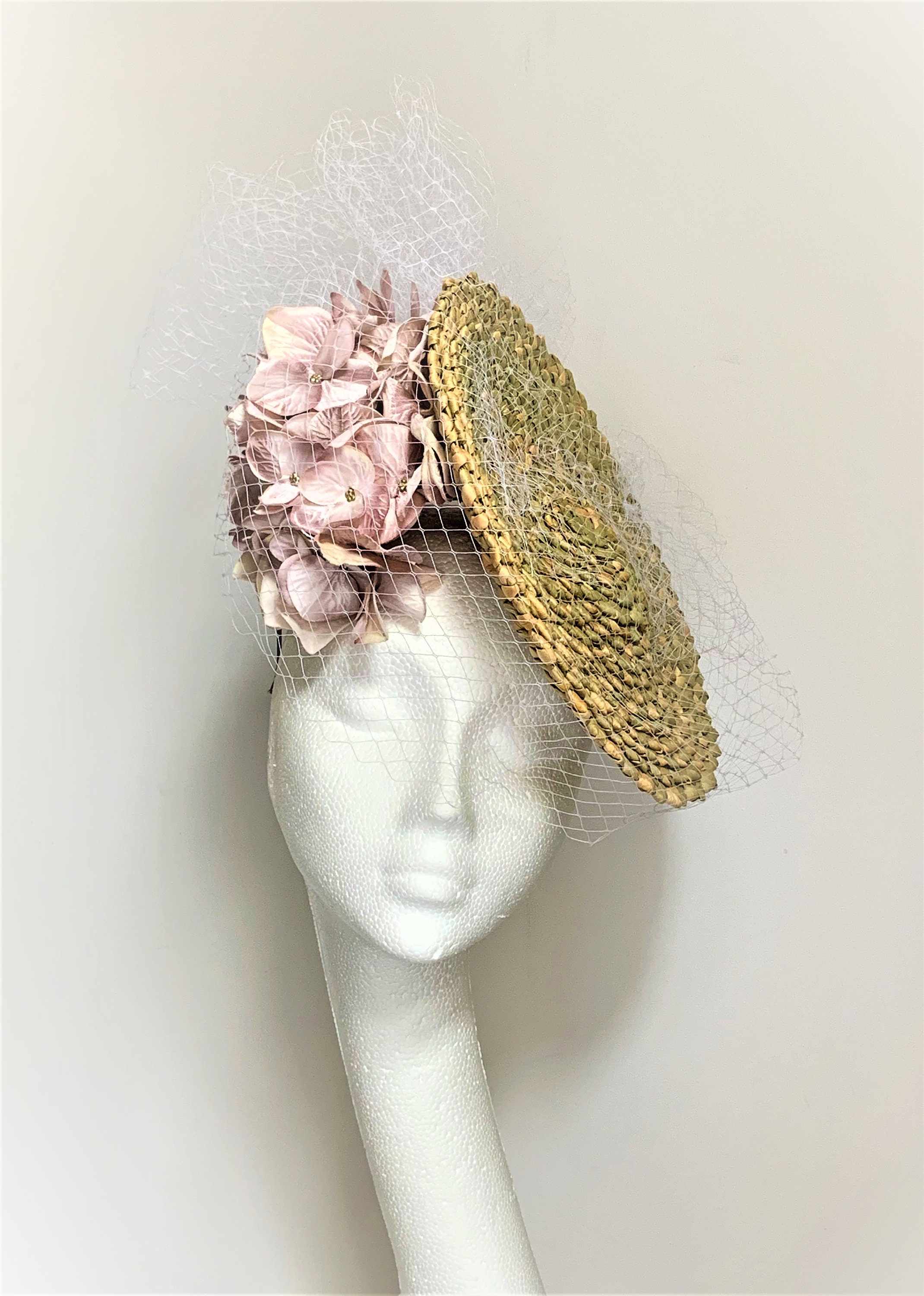 Straw fascinator straw disc hat straw wedding hat hydrengea | Etsy