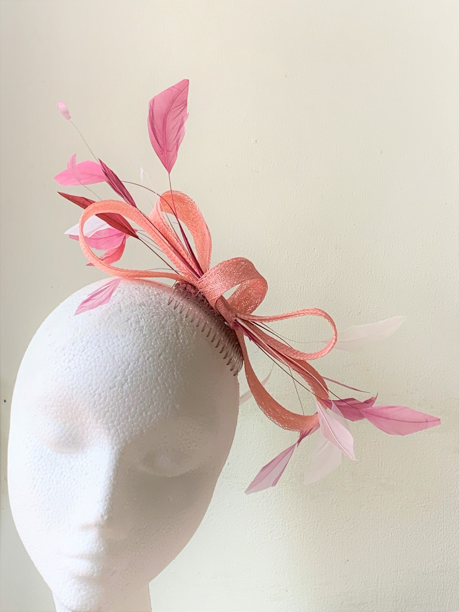 Light pink fascinator bright pink feather wedding headpiece | Etsy