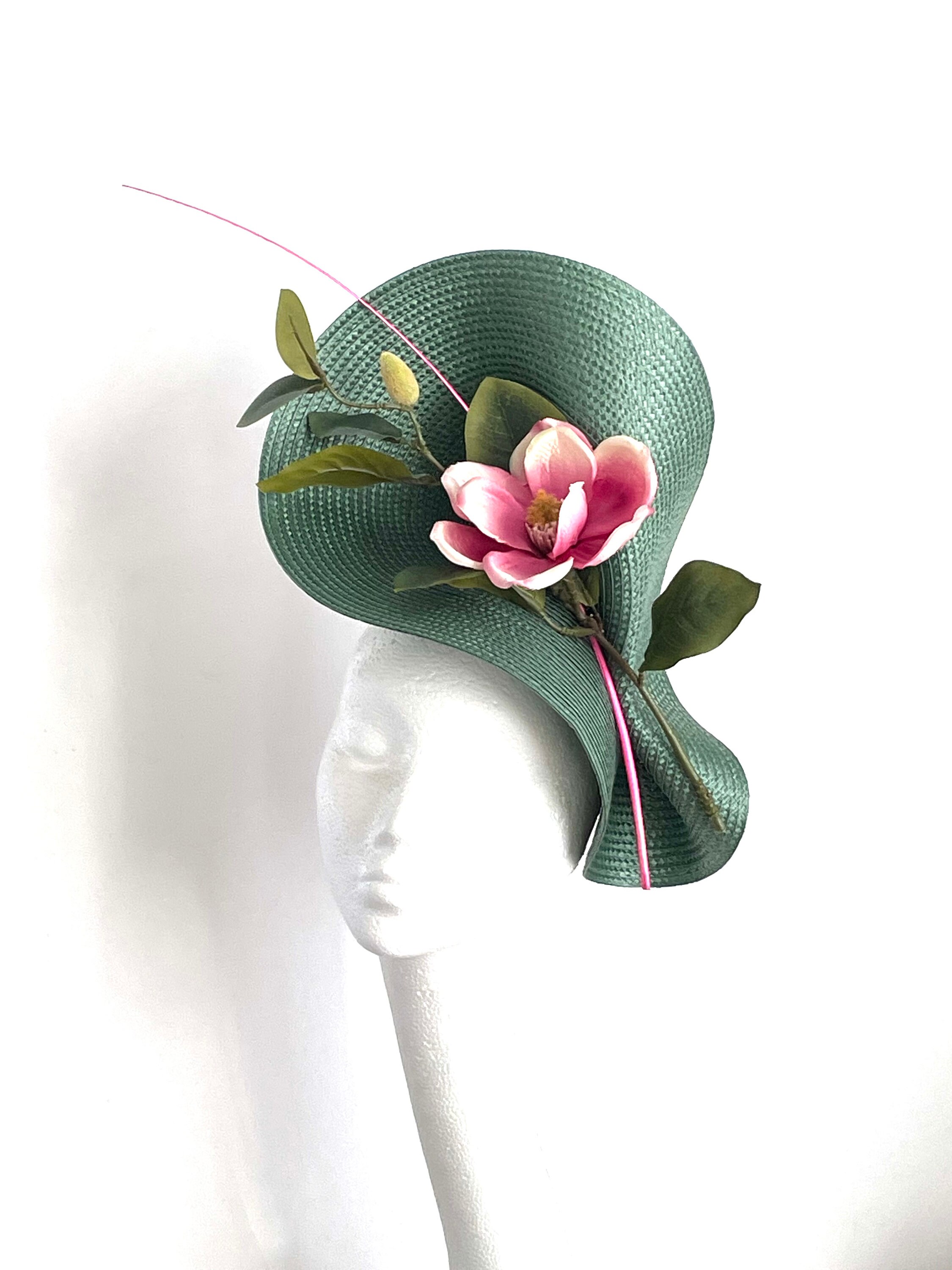 Bottle Green Magnolia Hat, Forest Green Magnolia Fascinator, Green Pink ...