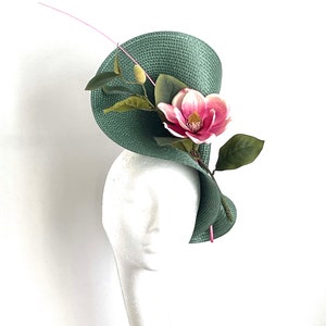 Bottle Green Magnolia Hat, Forest Green Magnolia Fascinator, Green Pink ...
