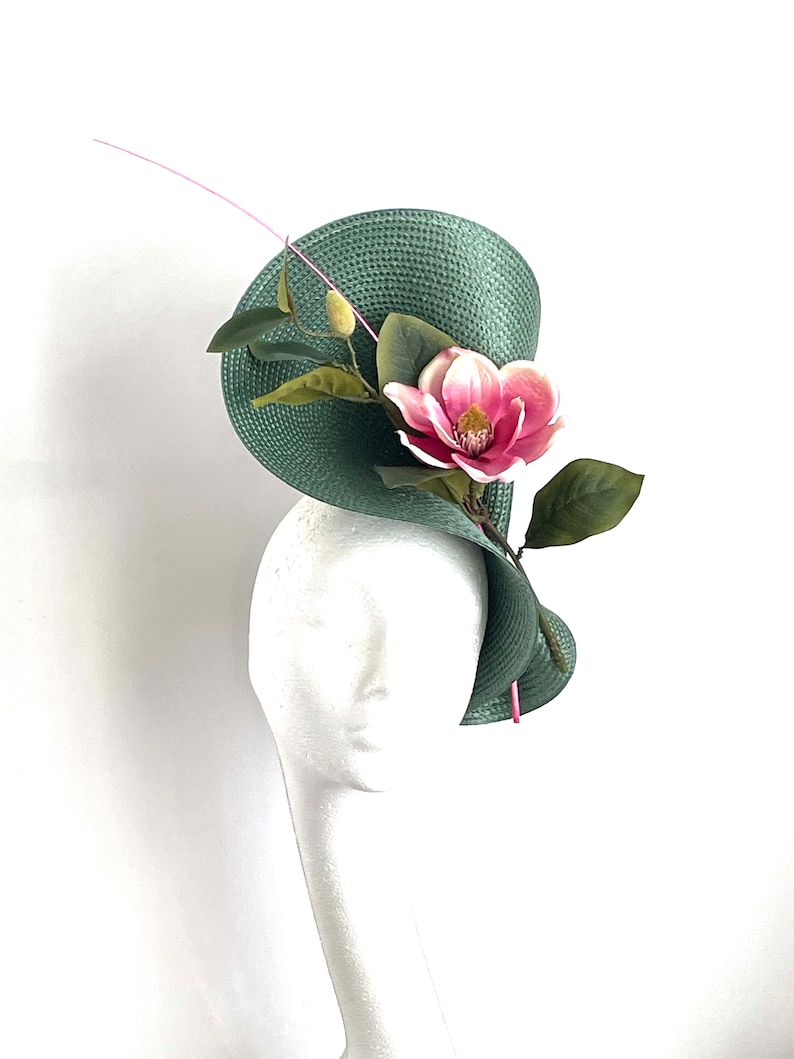Bottle Green Magnolia Hat, Forest Green Magnolia Fascinator, Green Pink ...