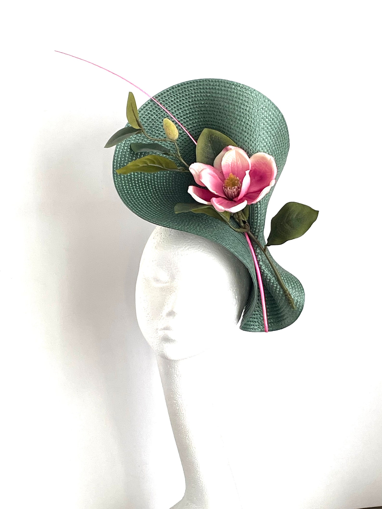 Bottle Green Magnolia Hat, Forest Green Magnolia Fascinator, Green Pink ...