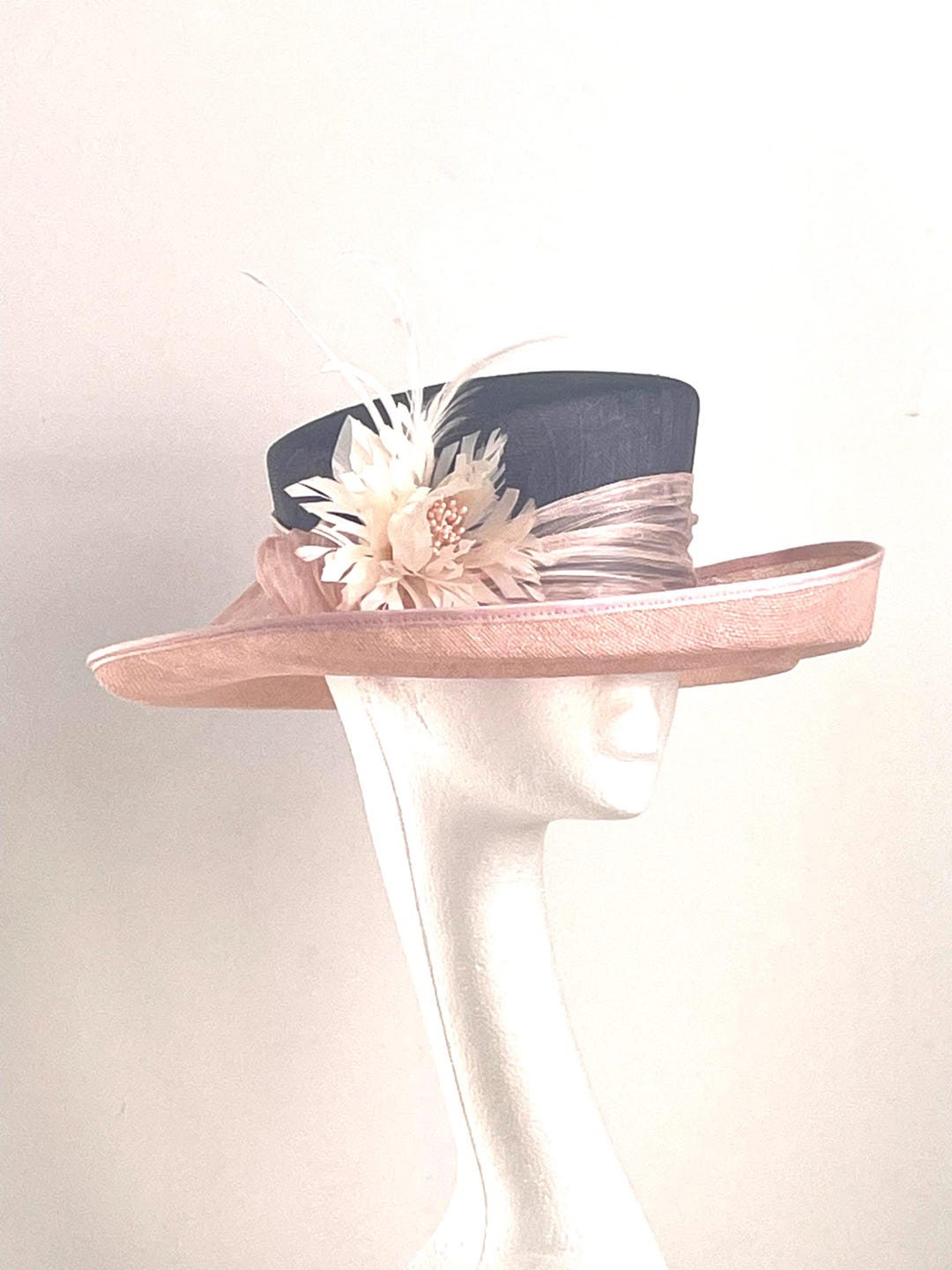 Navy Pink Wide Brim Hat, Pink Mother of the Bride Hat, Pink Wedding Hat ...