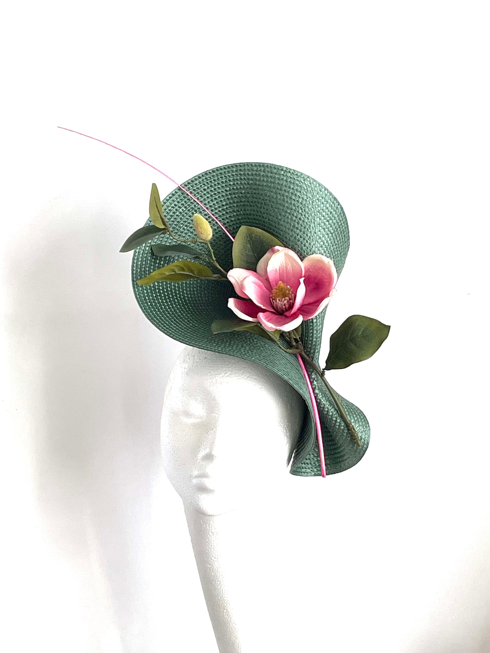 Bottle Green Magnolia Hat, Forest Green Magnolia Fascinator, Green Pink ...