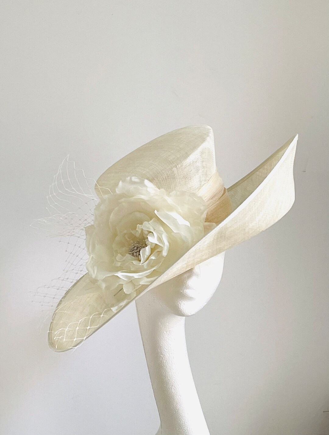 Large Ivory Wide Brim Hat, Mother of the Bride Hat, Ivory Fascinator ...