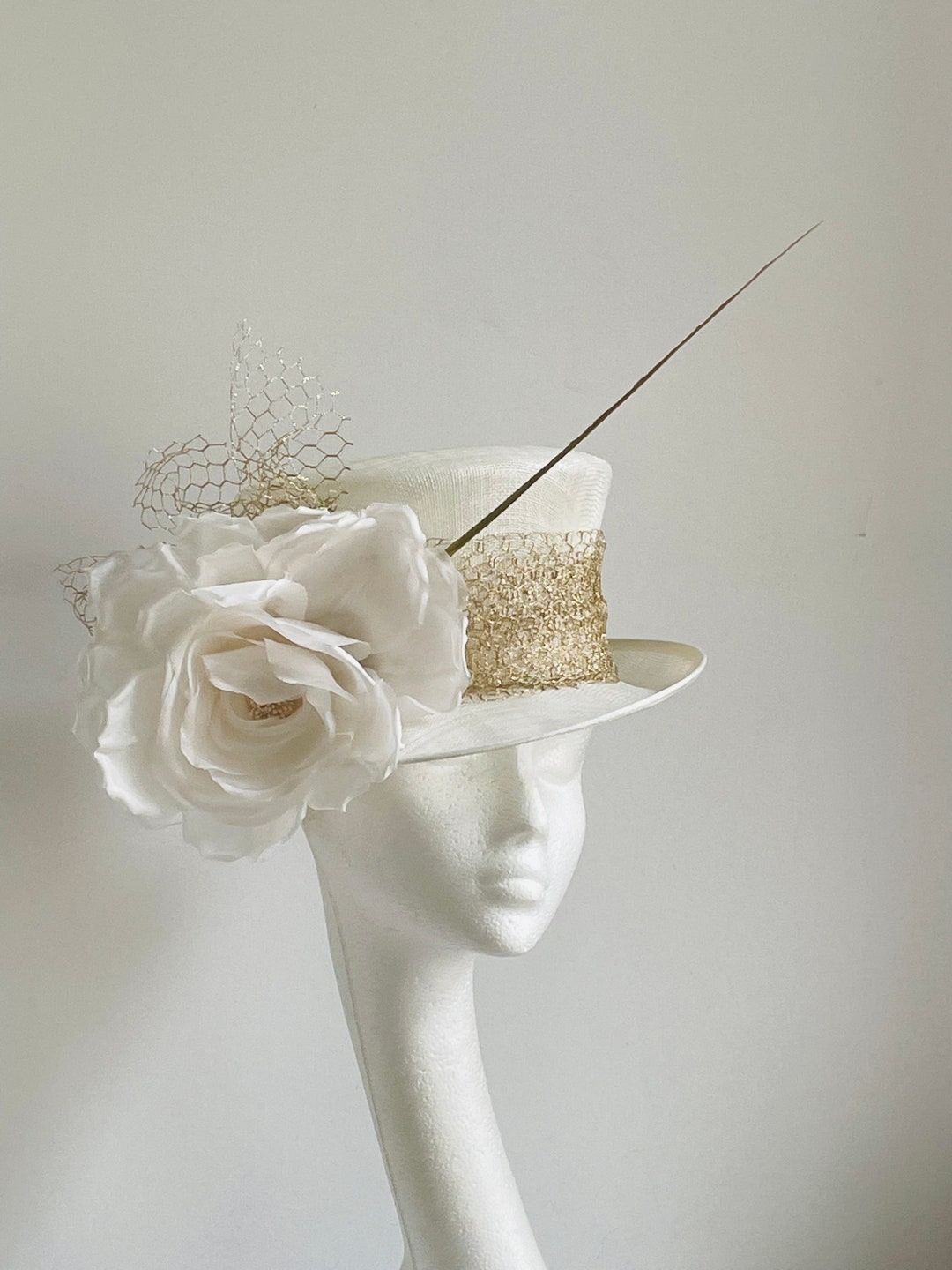 Kentucky Derby Hat, Ivory White Hat, White Gold Mother of the Bride Hat ...
