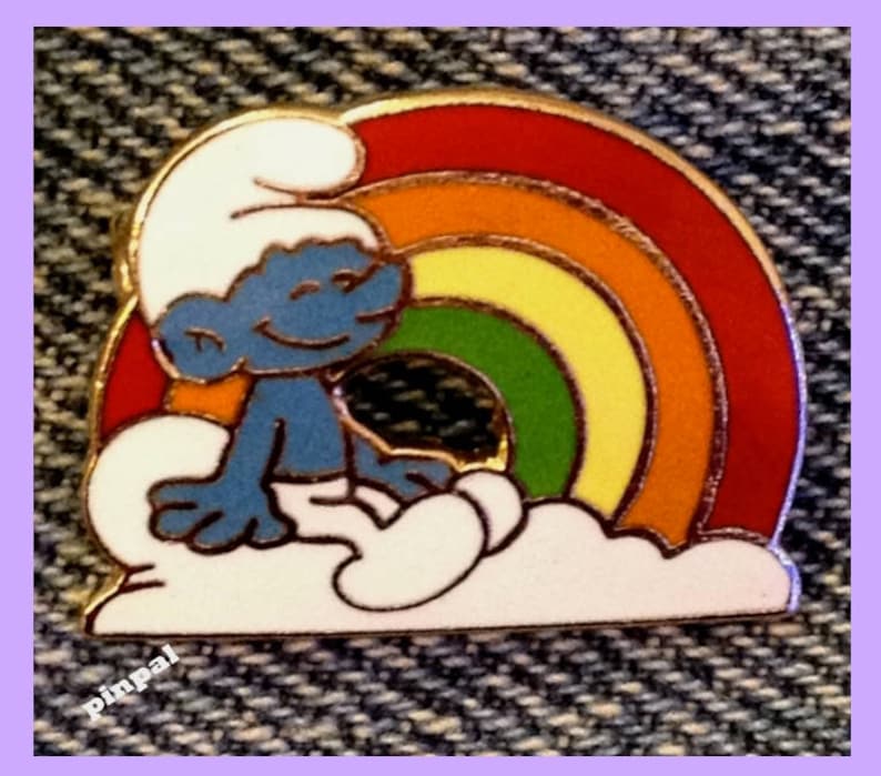 Smurf Brooch Pin by Peyo ~ Sitting on Cloud With Rainbow ~ Vintage 1980 ...