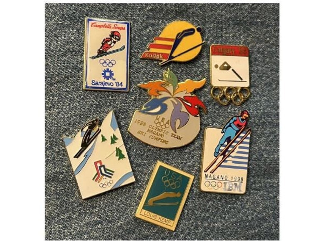 Lot of 7 Ski Jump Olympic Lapel Pins ~ Vintage ~ 1984, 88, 92, and 2002 ...