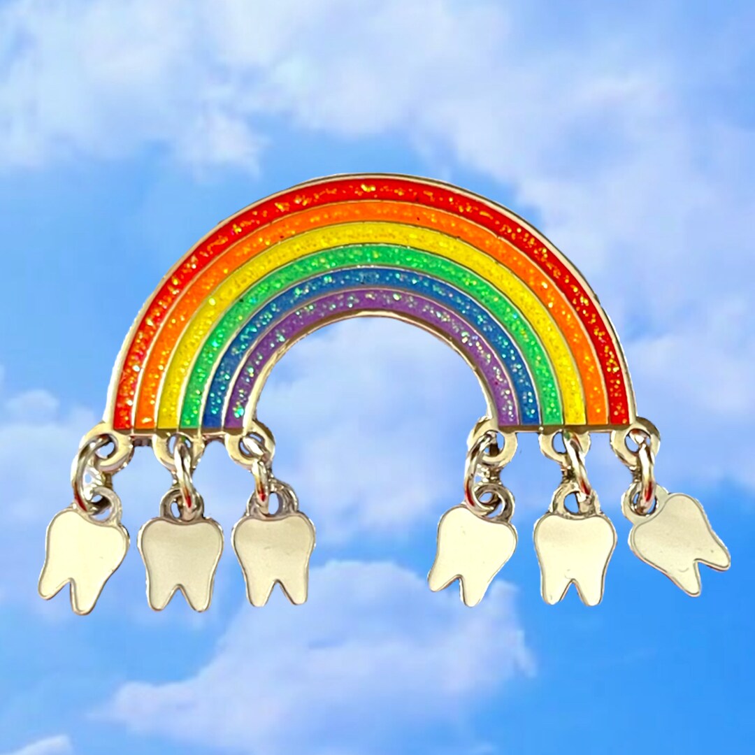 Bright Glitter Rainbow Pin With Dangling Tooth Clouds Dental Pin ...