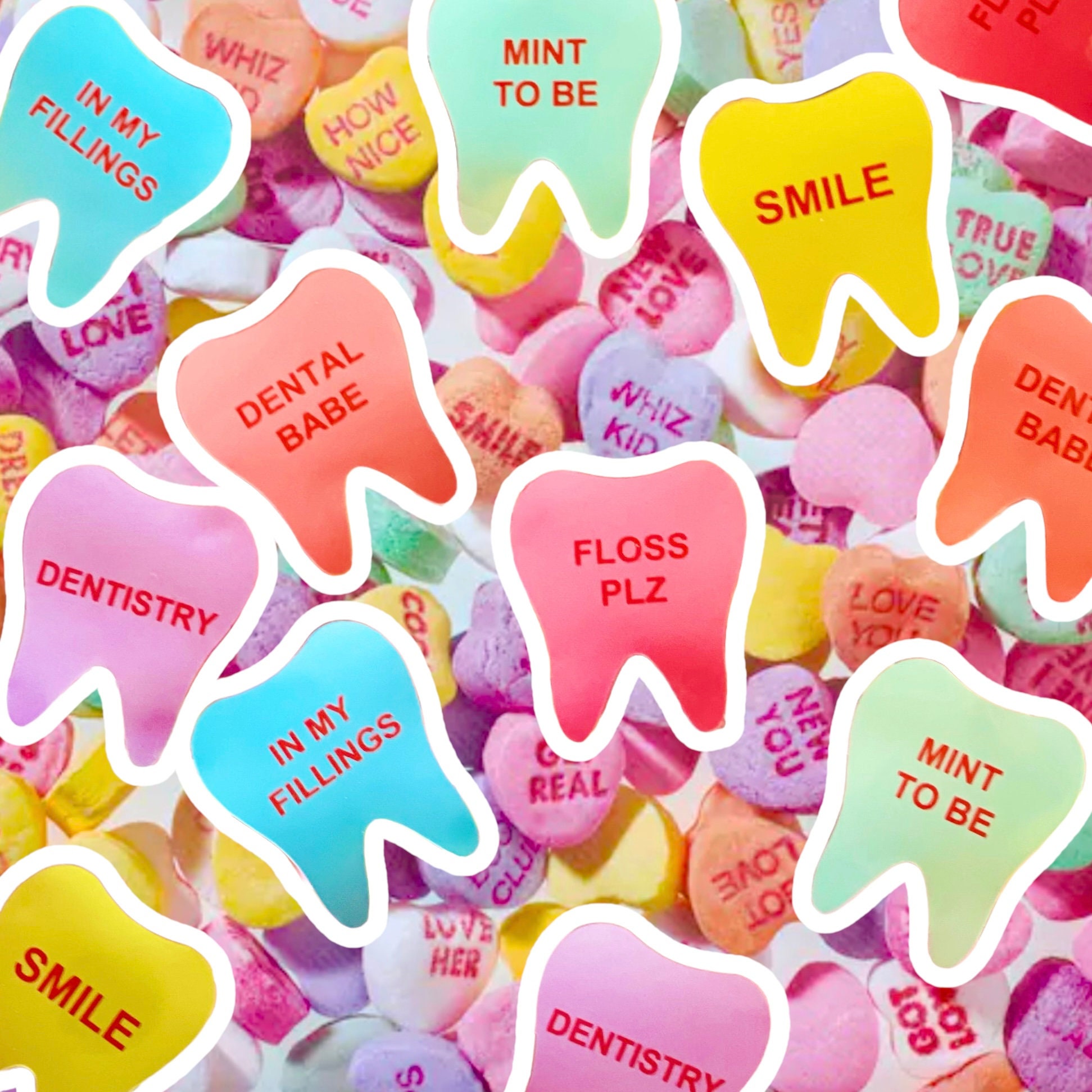 Candy Tooth Sticker Sheets. Conversation Heart Themed Dental Tooth ...