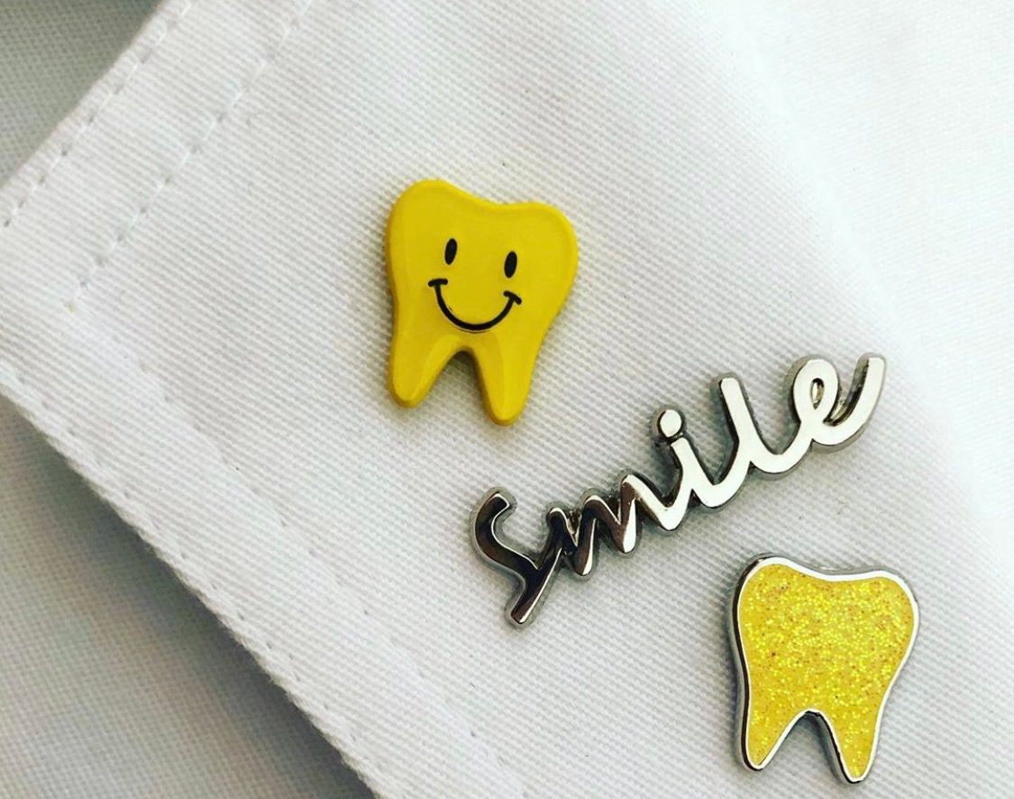 Smiley Tooth, Smiley Face Tooth Pins, Enamel Pin, Scrub or White Coat ...