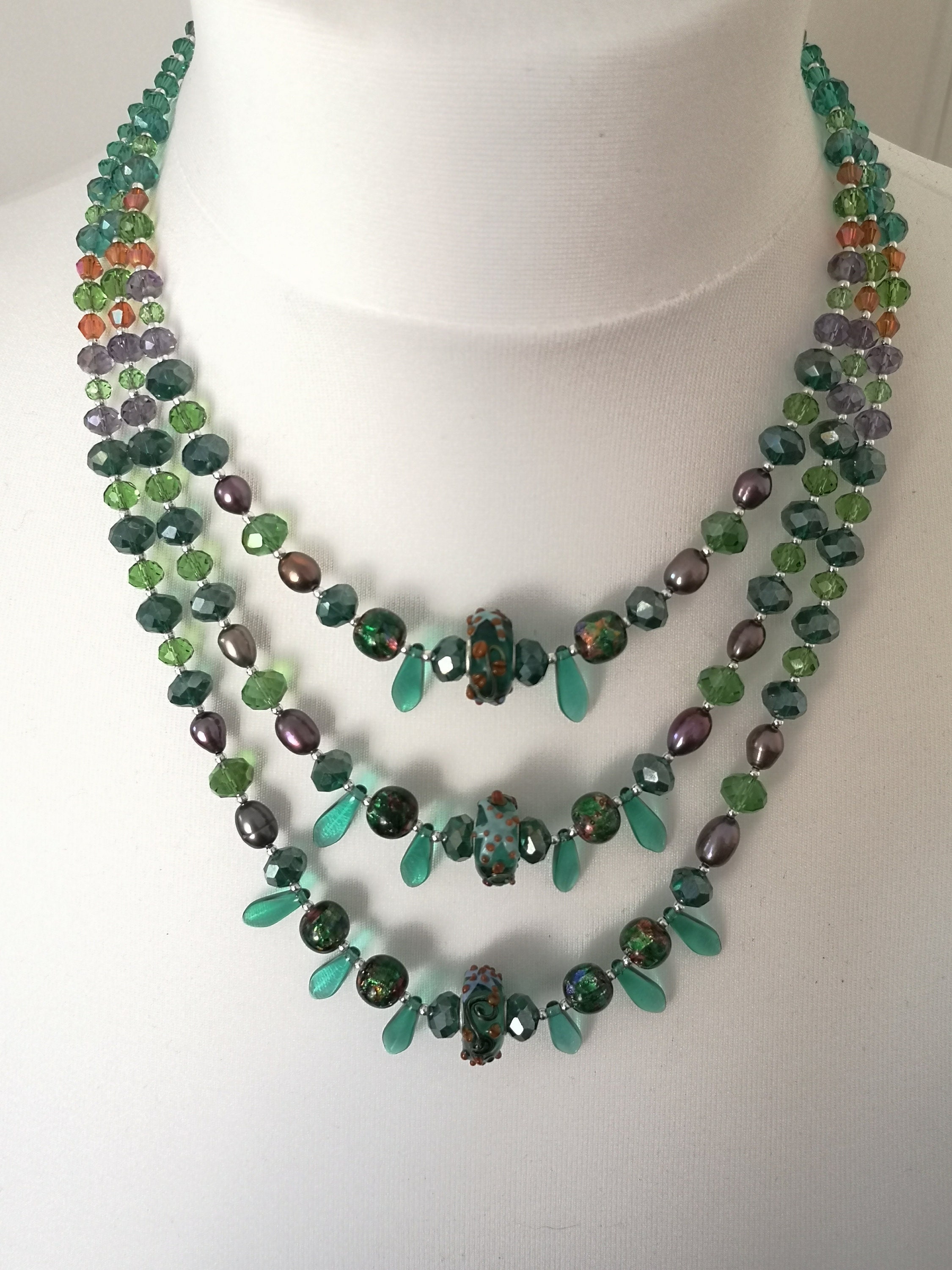 Sterling Silber Kristall & Lampwork 3-Strang Perlen Halskette - Etsy.de