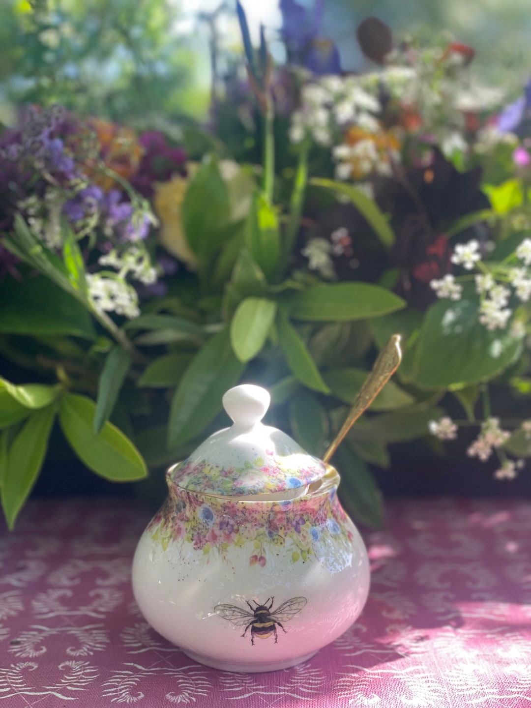Sugar Pot Wild Summer & Buzzing Bee Sugar Pot With Lid Floral Sugar Pot ...