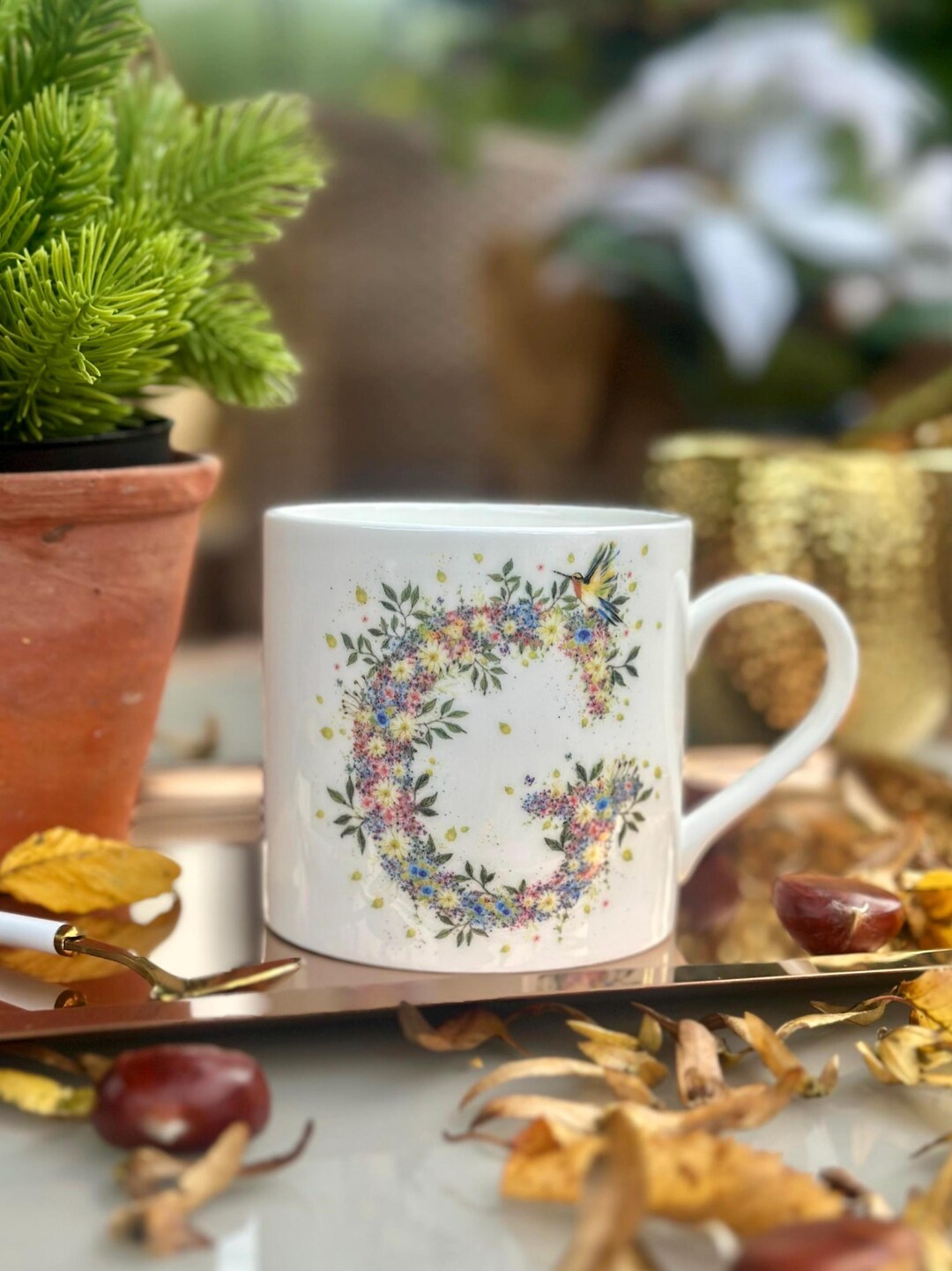 Floral Letter G Mug: Hand-painted Fine China, Cheney Penrose Design - Etsy
