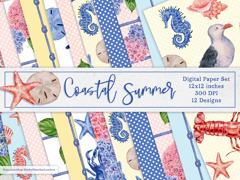 Digital Paper Set Coastal Summer Beach Themed Digital - Etsy