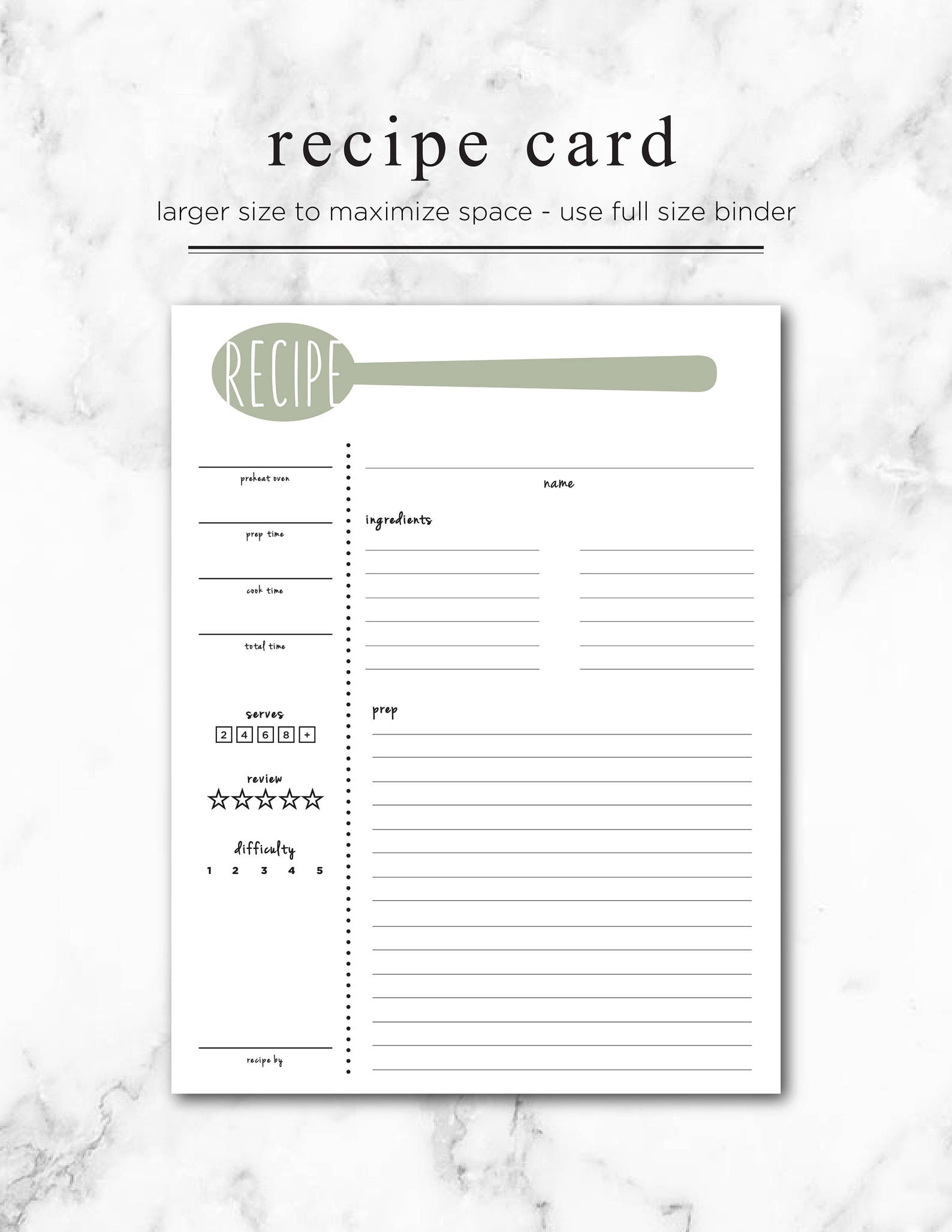 Recipe Card Printable, Large Recipe Card 8.5x11, Recipe Page, Full ...