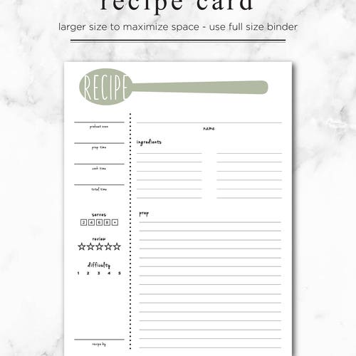 Recipe Card Printable Large Recipe Card 8.5x11 Recipe Page - Etsy