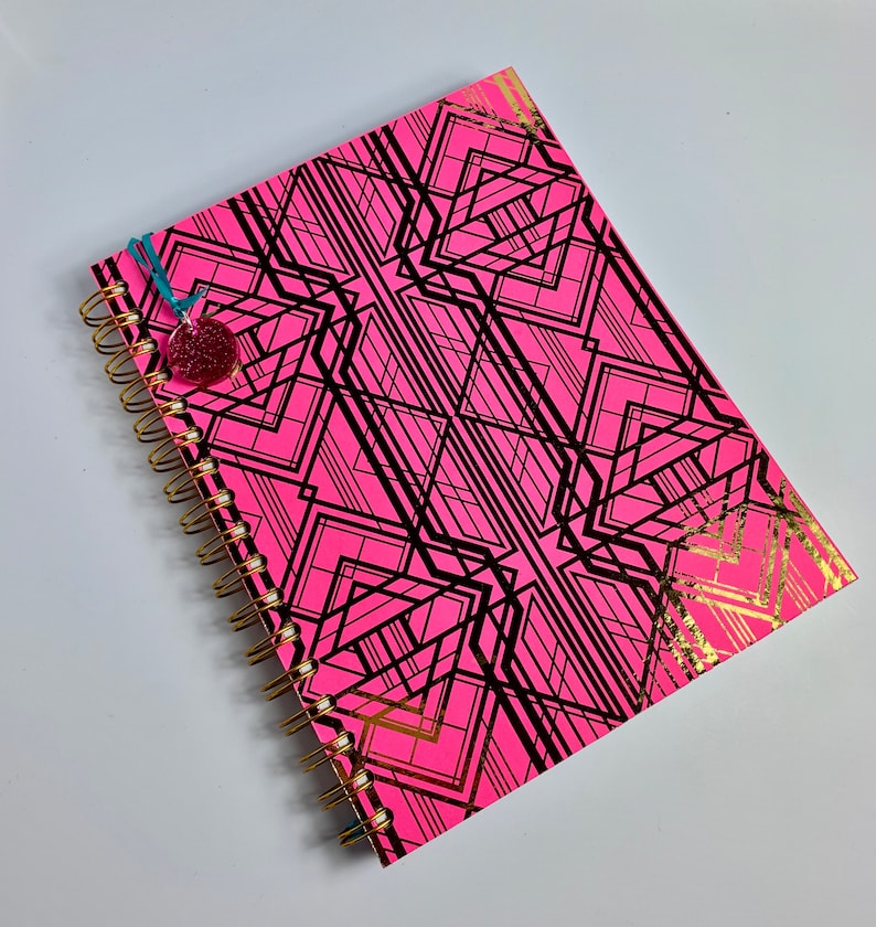 Bright Pink Art Deco Gold Foiled Notebook With Glitter Resin Bookmark ...