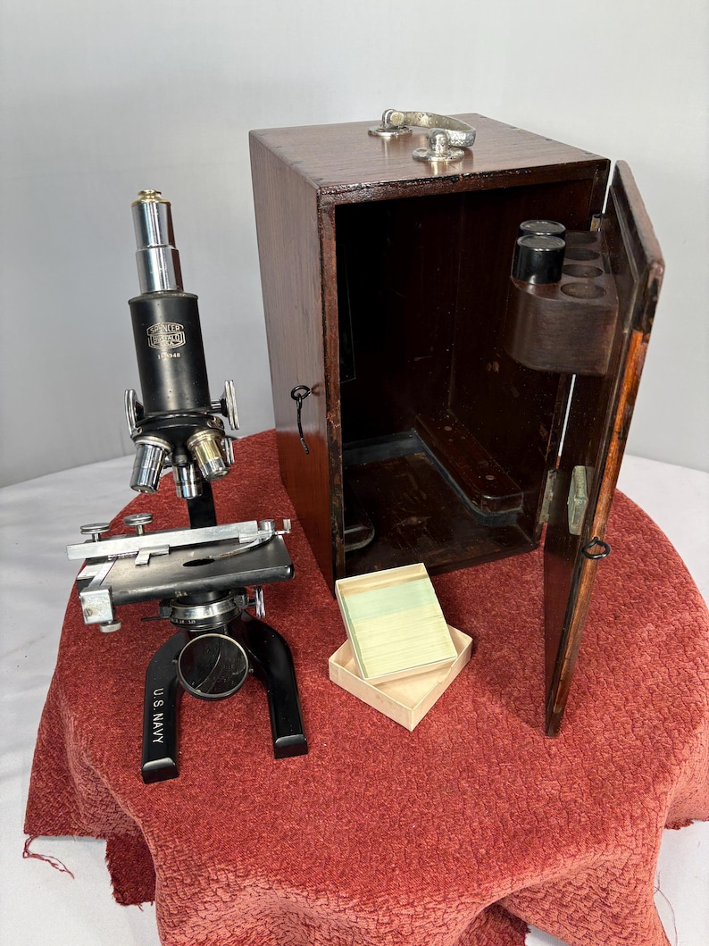Vintage Spencer 1940’s U S Navy Microscope W/ Bausch & Lomb Mechanical ...