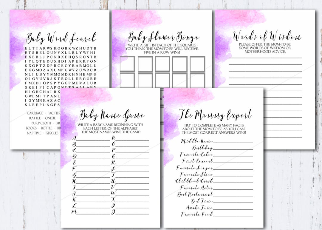 Purple Watercolor Baby Shower Games PRINTABLE INSTANT - Etsy