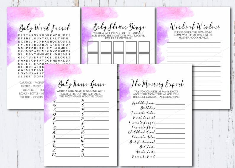 Purple Watercolor Baby Shower Games PRINTABLE INSTANT - Etsy