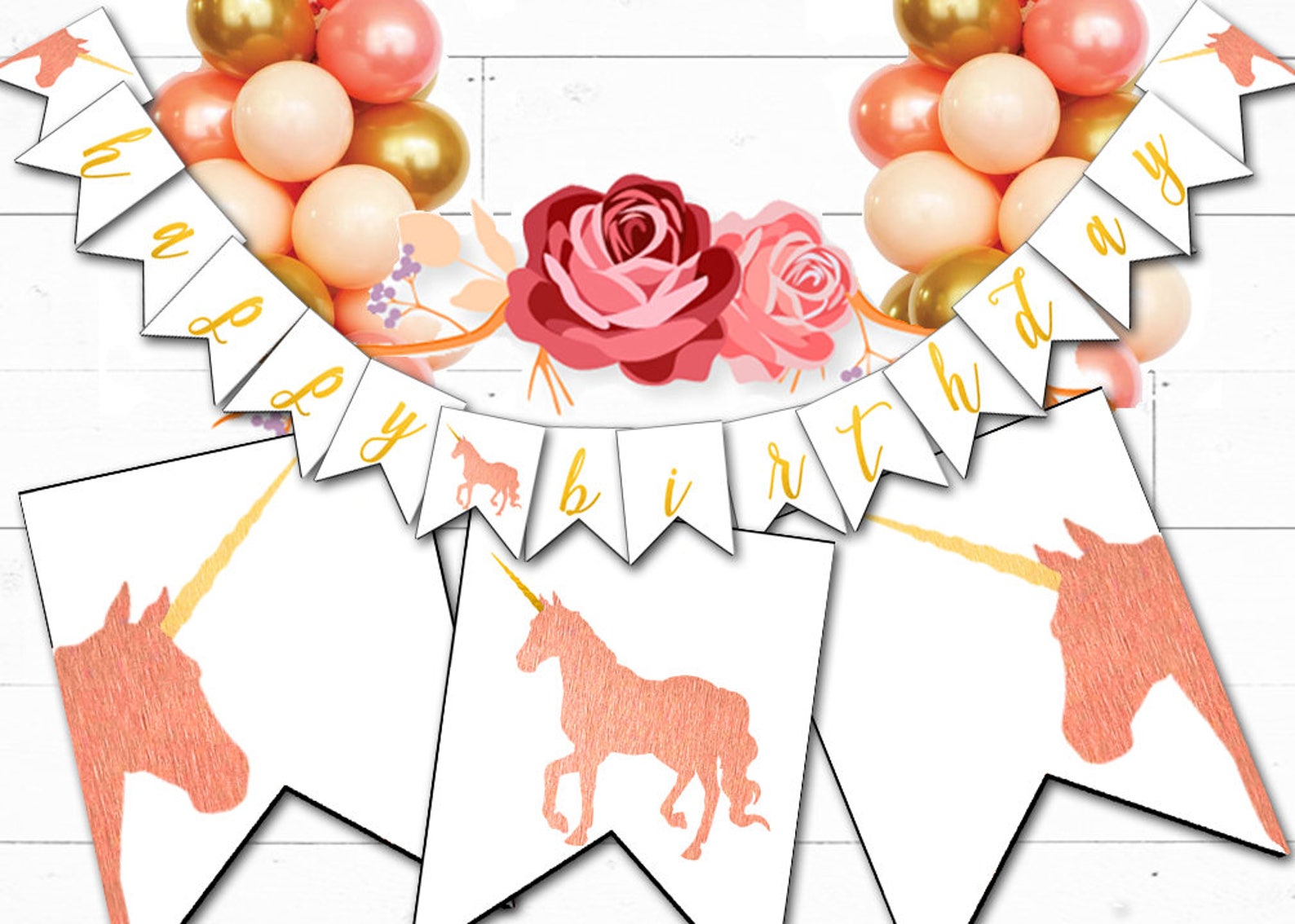 UNICORN BIRTHDAY PARTY Set Printable Digital Rose Gold Unicorn Birthday ...