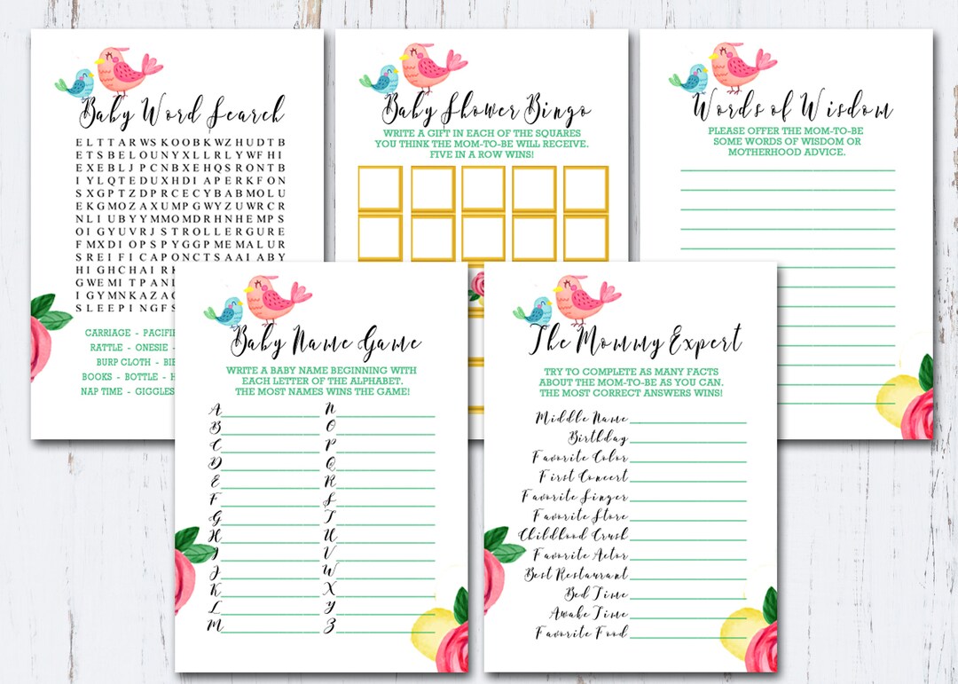 Baby Bird Floral Baby Shower Games, PRINTABLE INSTANT DOWNLOAD, Digital ...