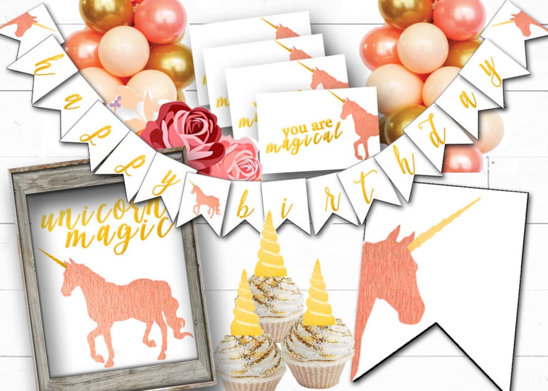 UNICORN BIRTHDAY PARTY Set Printable Digital Rose Gold Unicorn Birthday ...