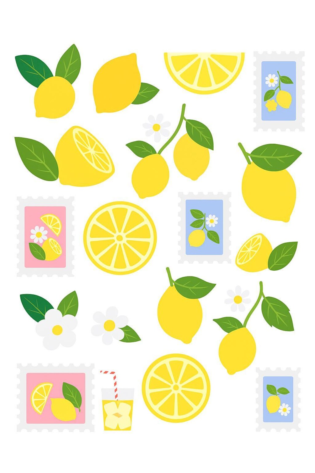 Lemon Sticker Sheet: Summer Citrus, Daisies, Kawaii Vinyl Decals - Etsy