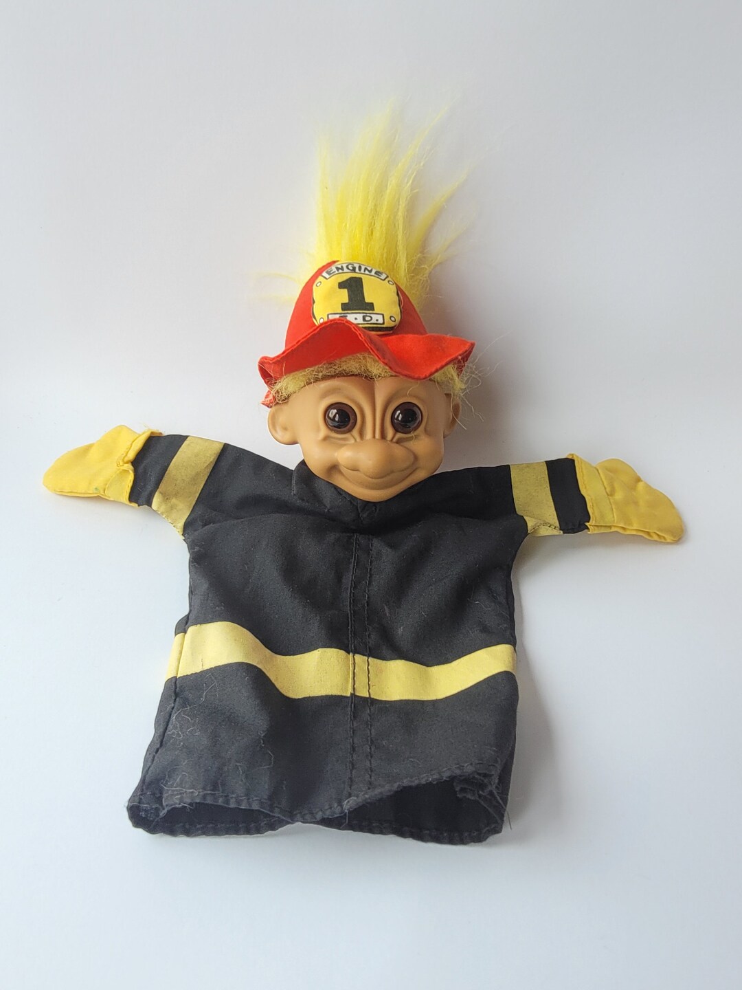 Russ Berrie Fireman Hand Puppet Troll Doll Toy Brown Eyes,yellow Haired ...
