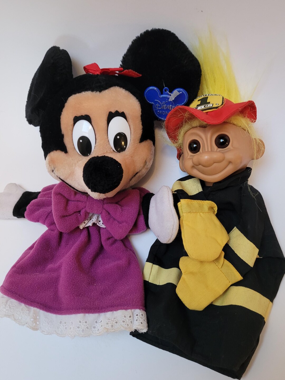 Vintage Minnie Mouse and Fireman Troll Doll Plush Hand Puppets Lot of 2 ...