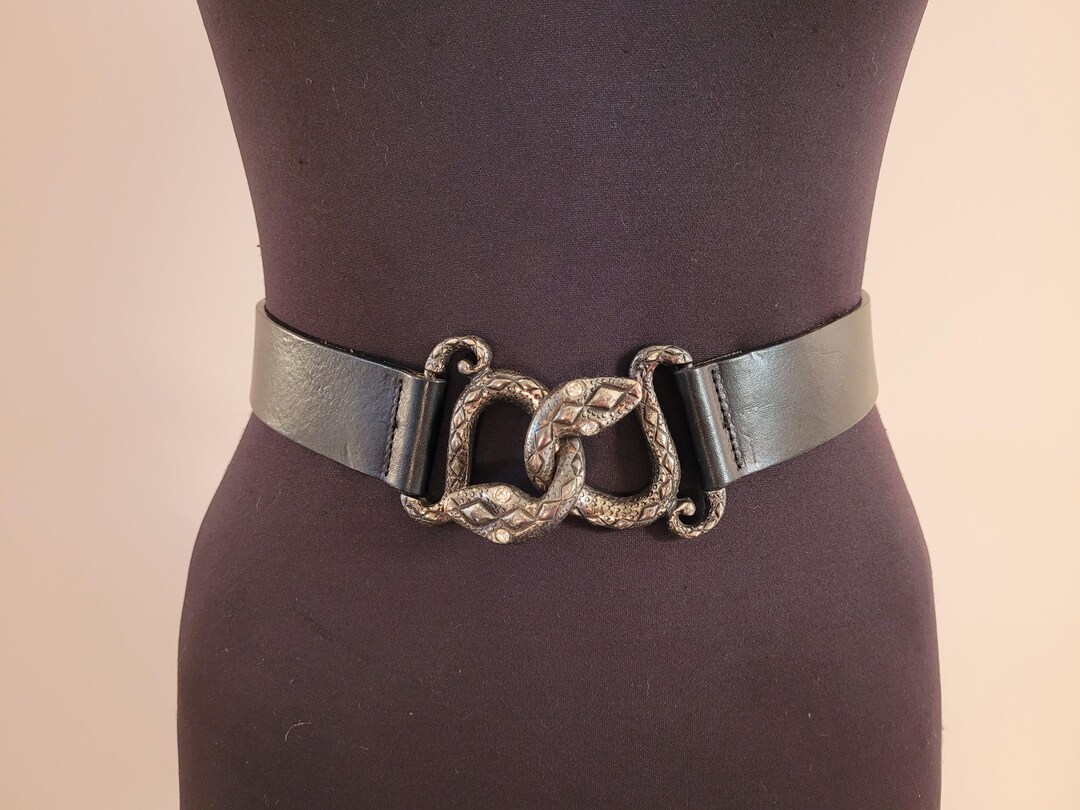 Vintage Ladies Leather Belt With Large Silver Metal Snakes Buckle Made ...